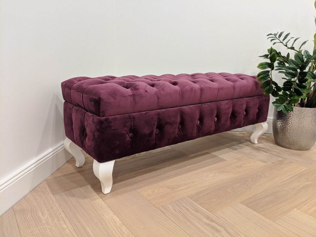 Purple Velvet Bench/ottoman With Storage Box, Chesterfield Deep ...