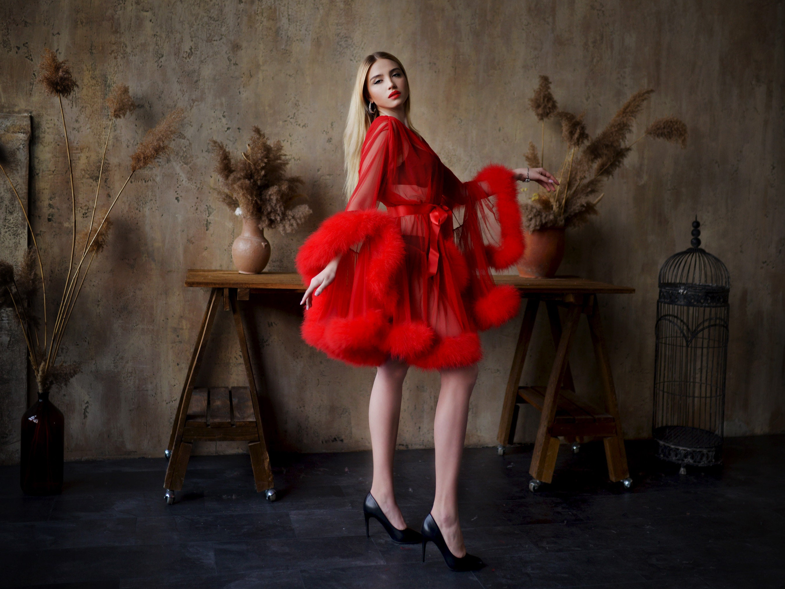 Red Marabou Feather Short Dressing Gown Boudoir Feather Robe | Etsy