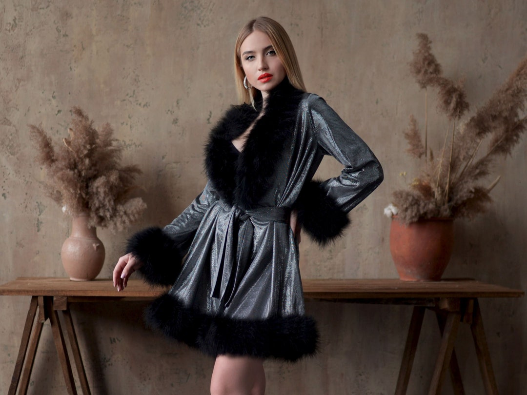 Black Metallic Knitwear Dressing Gown With Luxury Marabou Feathers on ...