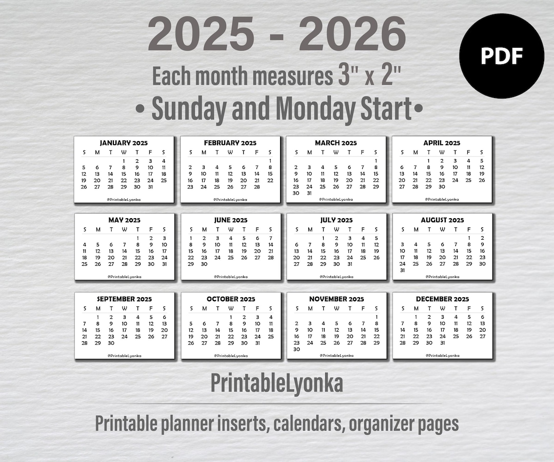 3 X 2 Inch Mini Calendars 2025 - 2026 | Small Printable Calendar | Mini ...