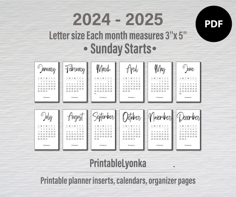 2024 2025 Mini Calendar Card/ Size 3 X 5'' / Printable Small Monthly ...