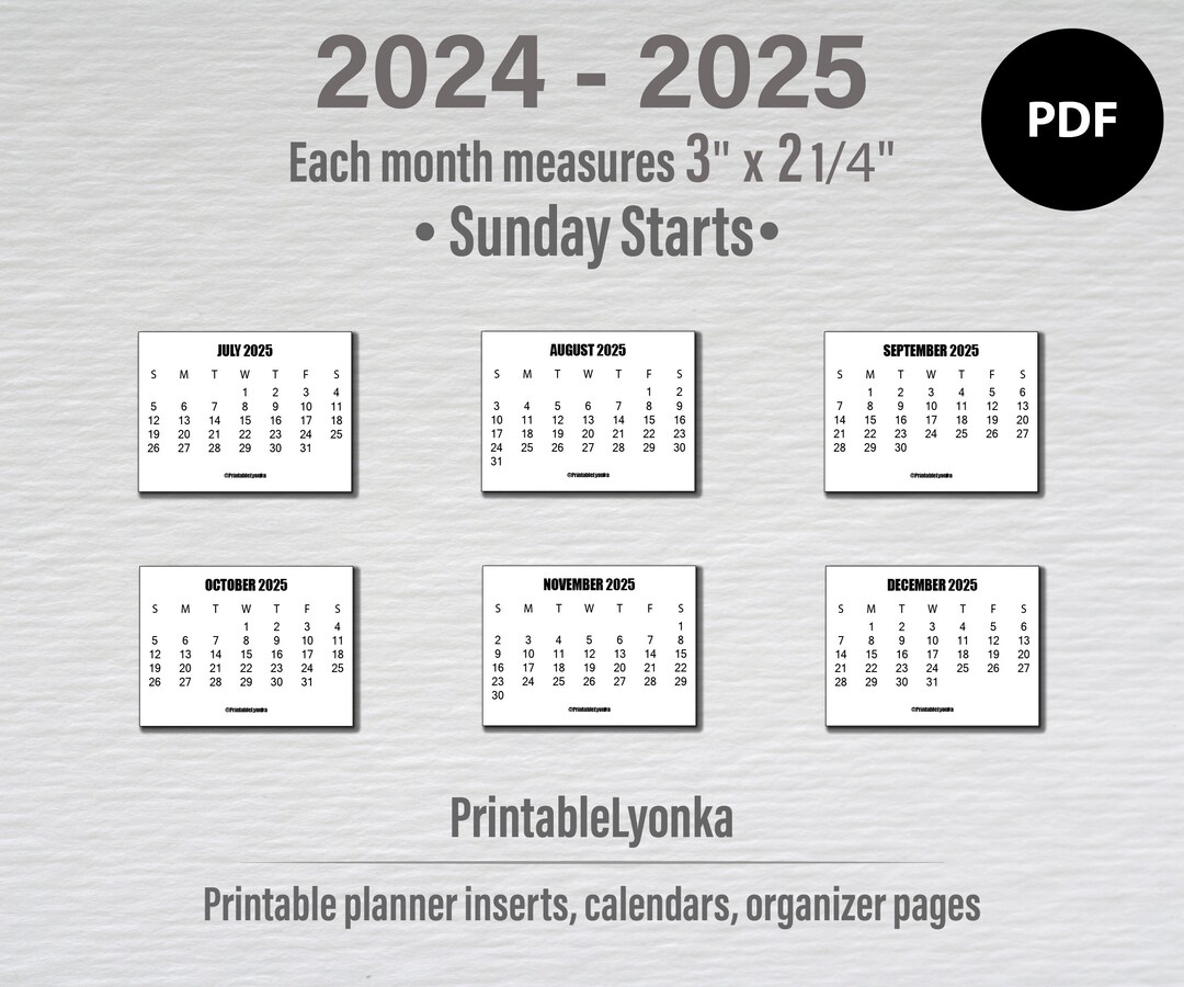 2024 2025 Mini Calendar Card Size 3 X 2 1/4'' Calendar Printable PDF - Etsy