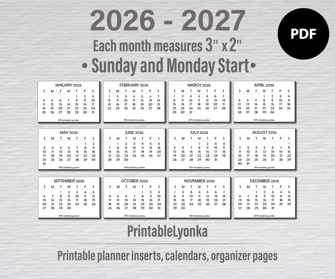 3 X 2 Inch Mini Calendars 2026 - 2027 | Calendar Tabs | Small Printable ...