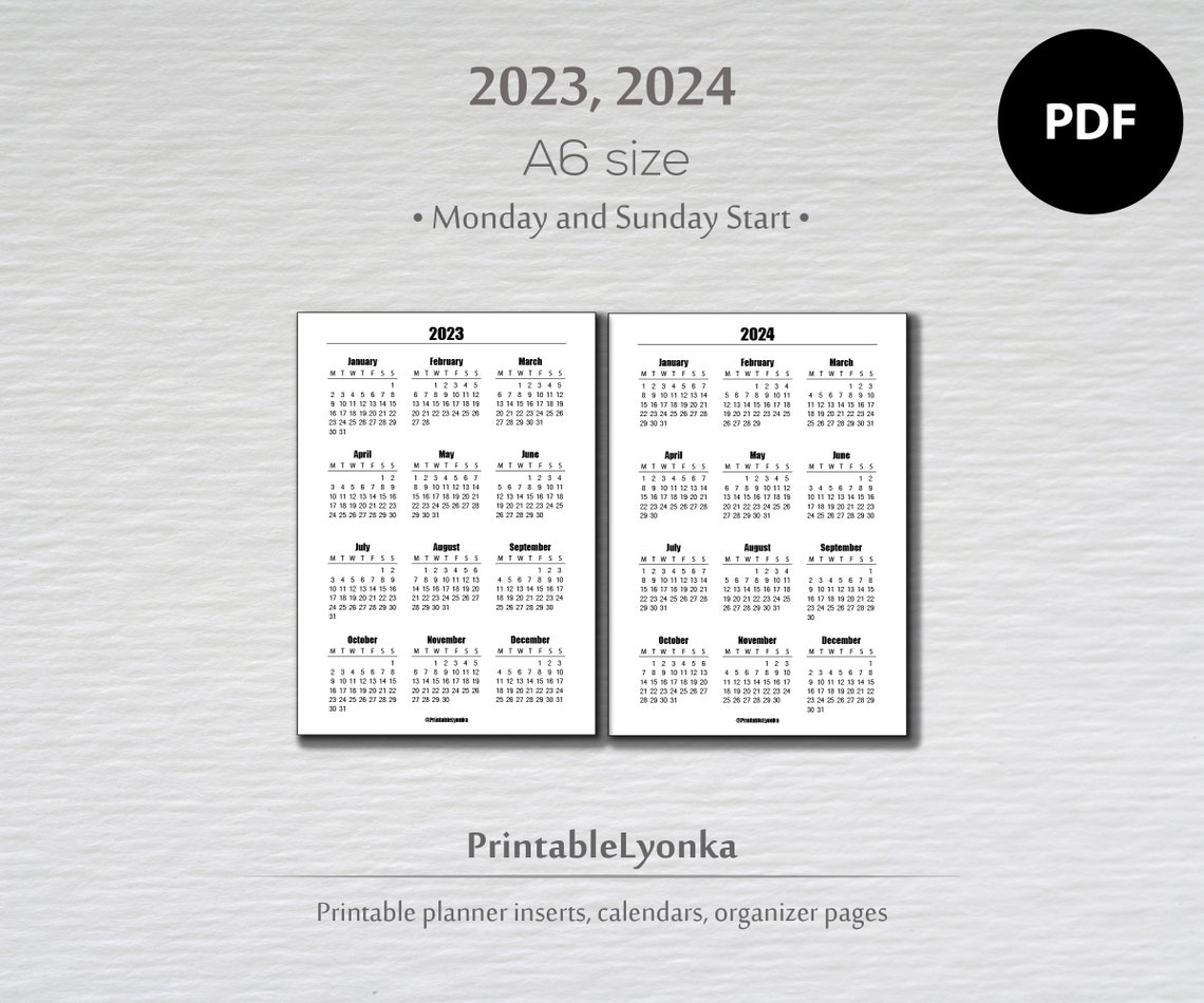 A6 Size 2023 2024 Yearly Calendar Printable/ Pdf/ Sunday & - Etsy