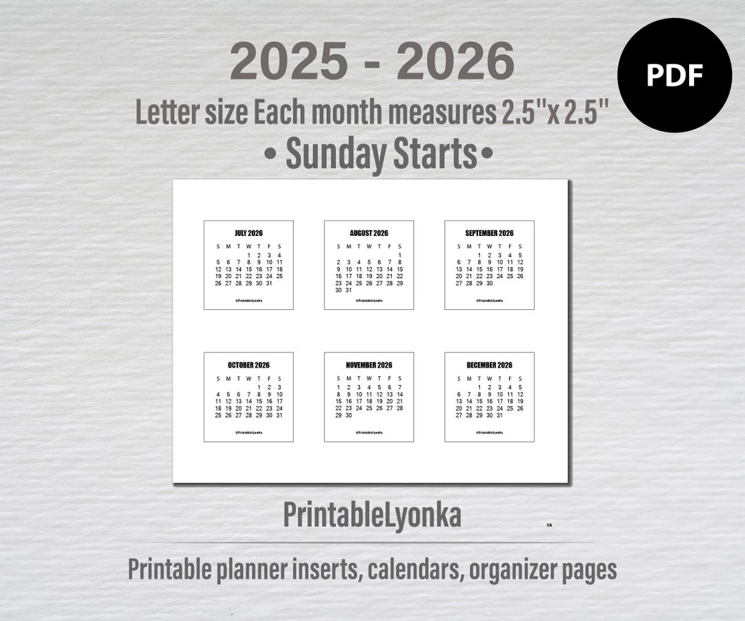 Mini Printable Monthly Calendar 2025 2026 | 2 1/2 X 2 1/2 Calendar ...