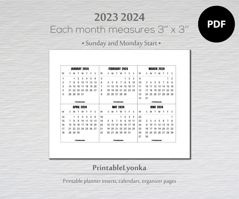 Printable 2023 2024 Mini Calendar 3X3 Inch Monthly Calendar With Weeks ...
