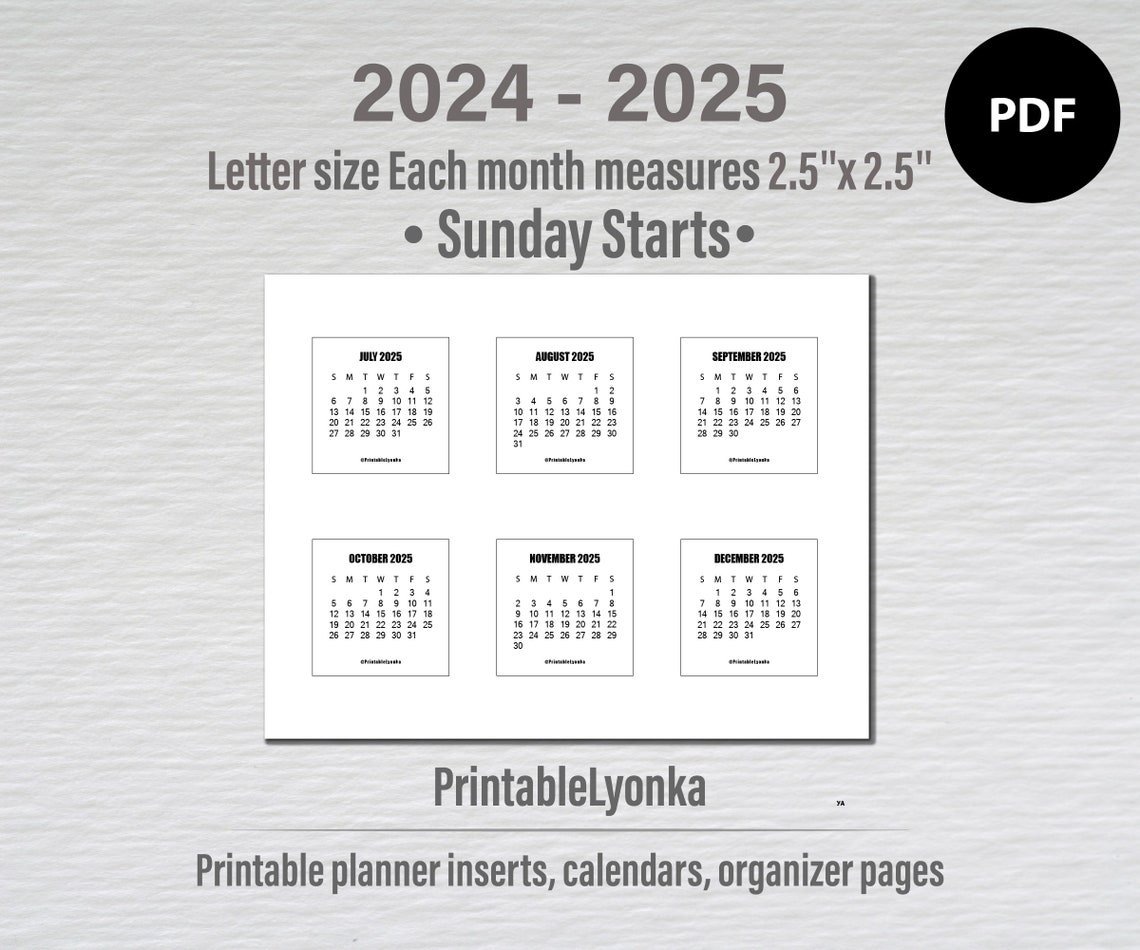 Mini Printable Monthly Calendar 2024 2025 2 1/2 X 2 1/2 Calendar Small ...