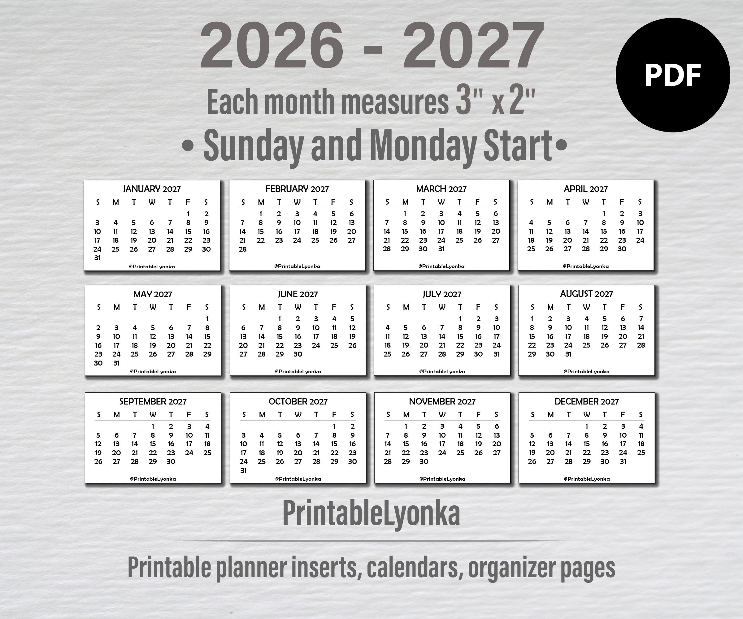 3 X 2 Inch Mini Calendars 2026 - 2027 | Calendar Tabs | Small Printable ...