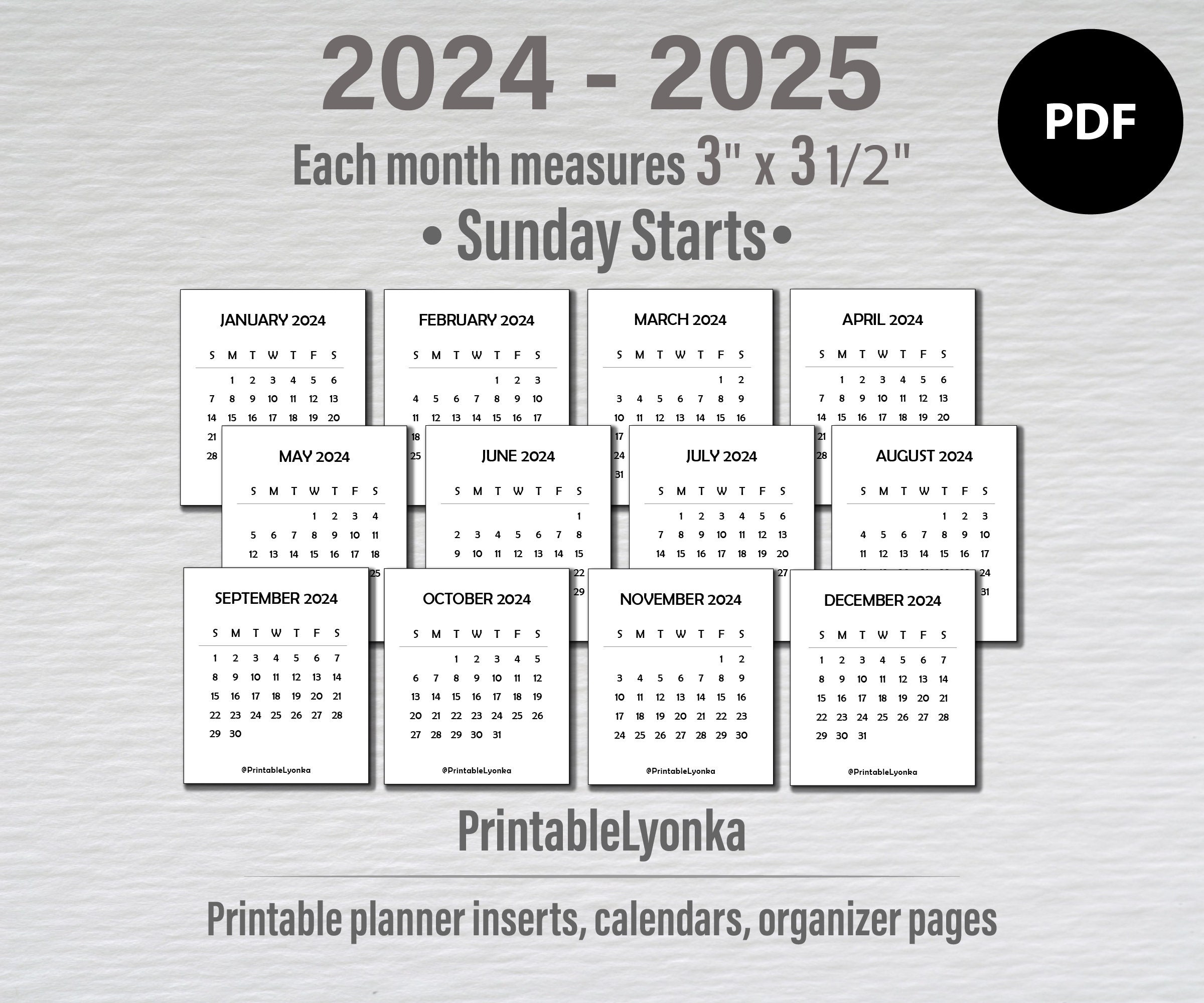 3 X 3.5 Inches Mini Calendars 2024 2025 Small Printable Calendar 3 X 3 ...