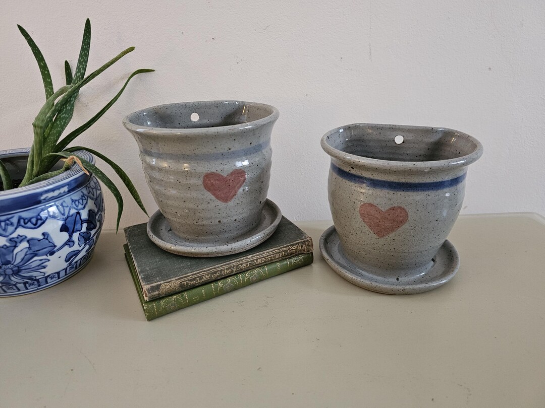 Pair of Stoneware Heart Crock Pottery Planters | Vintage Wall Planters ...