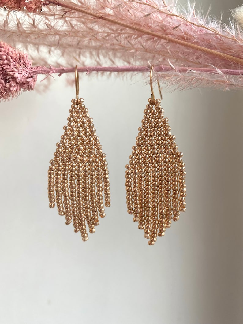 Gold Beaded Earrings Gold Seed Bead Earrings Fringe Bead - Etsy