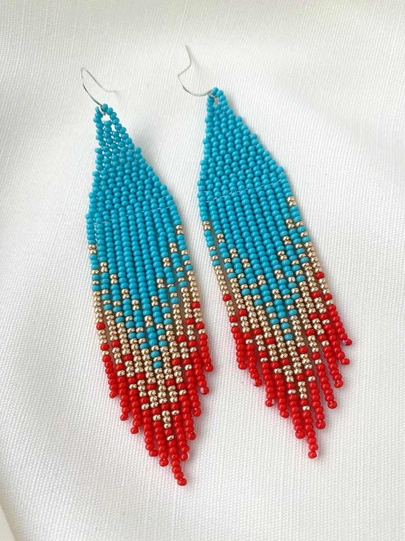 Turquoise Earrings Bright Beaded Earrings Dangle Fringe - Etsy