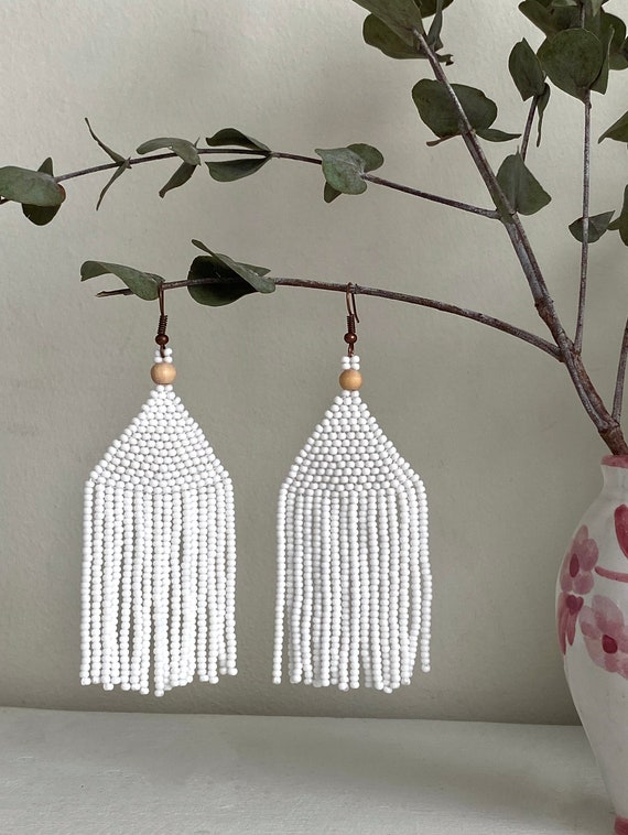 White Beaded Earrings Bridal Earrings Bohemian Earrings Seed - Etsy