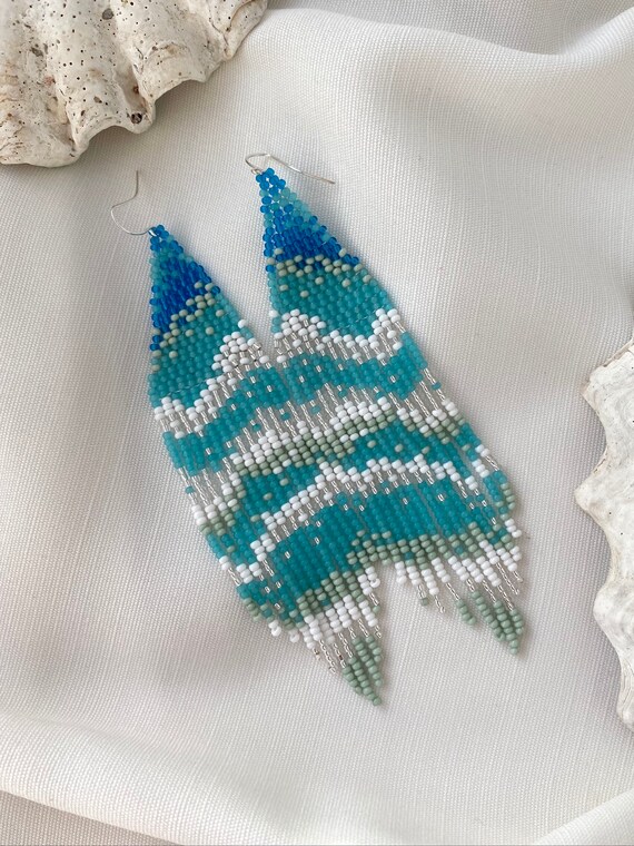 Ocean Wave Beaded Earrings Turquoise Seed Bead Earrings Long - Etsy