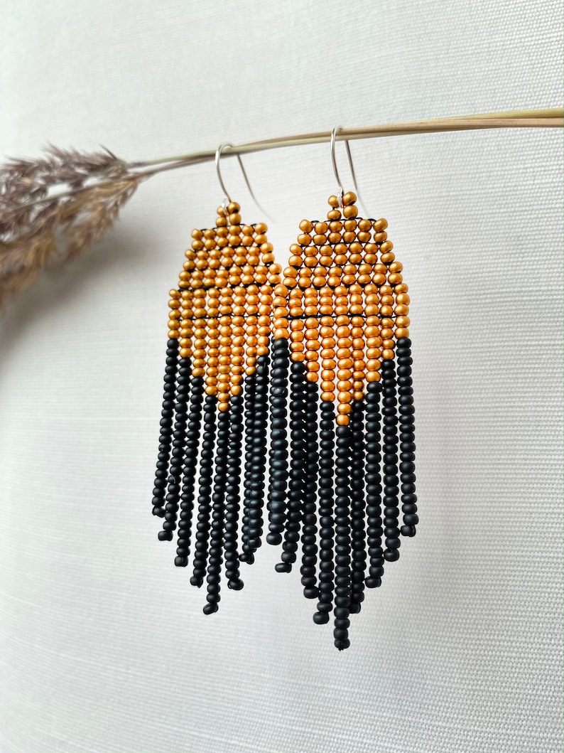 Elegant Earrings Bohemian Seed Bead Earrings Black Gold - Etsy
