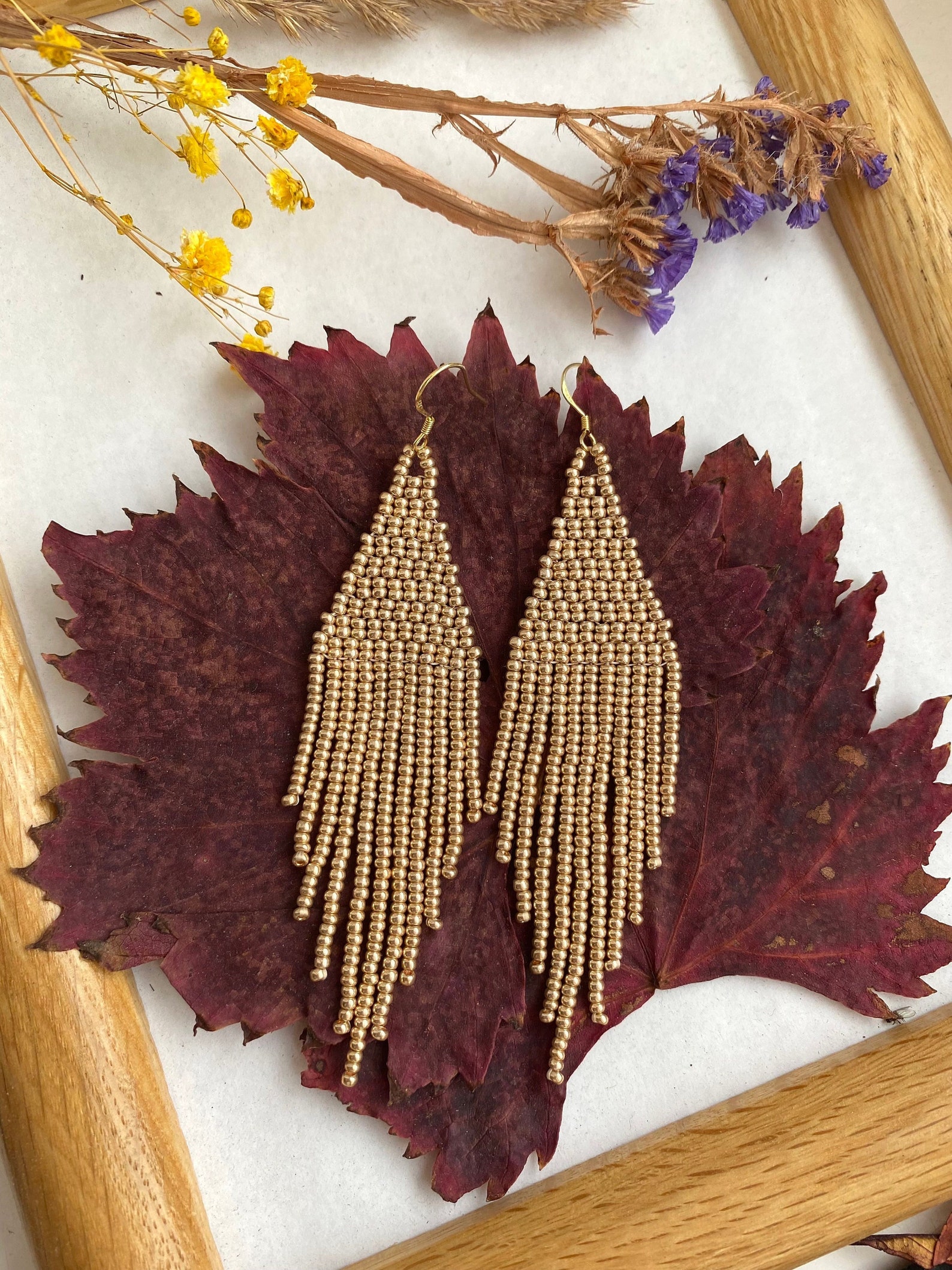 Gold Beaded Earrings Gold Seed Bead Earrings Fringe Bead - Etsy