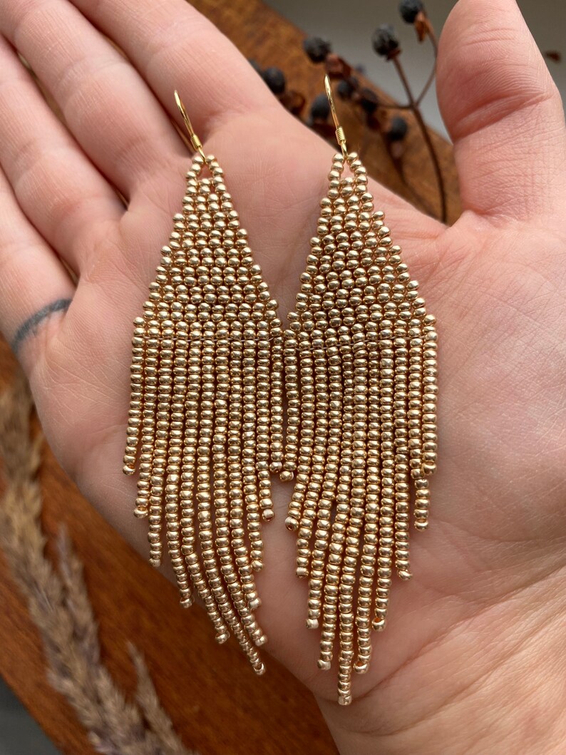 Gold Beaded Earrings Gold Seed Bead Earrings Fringe Bead - Etsy