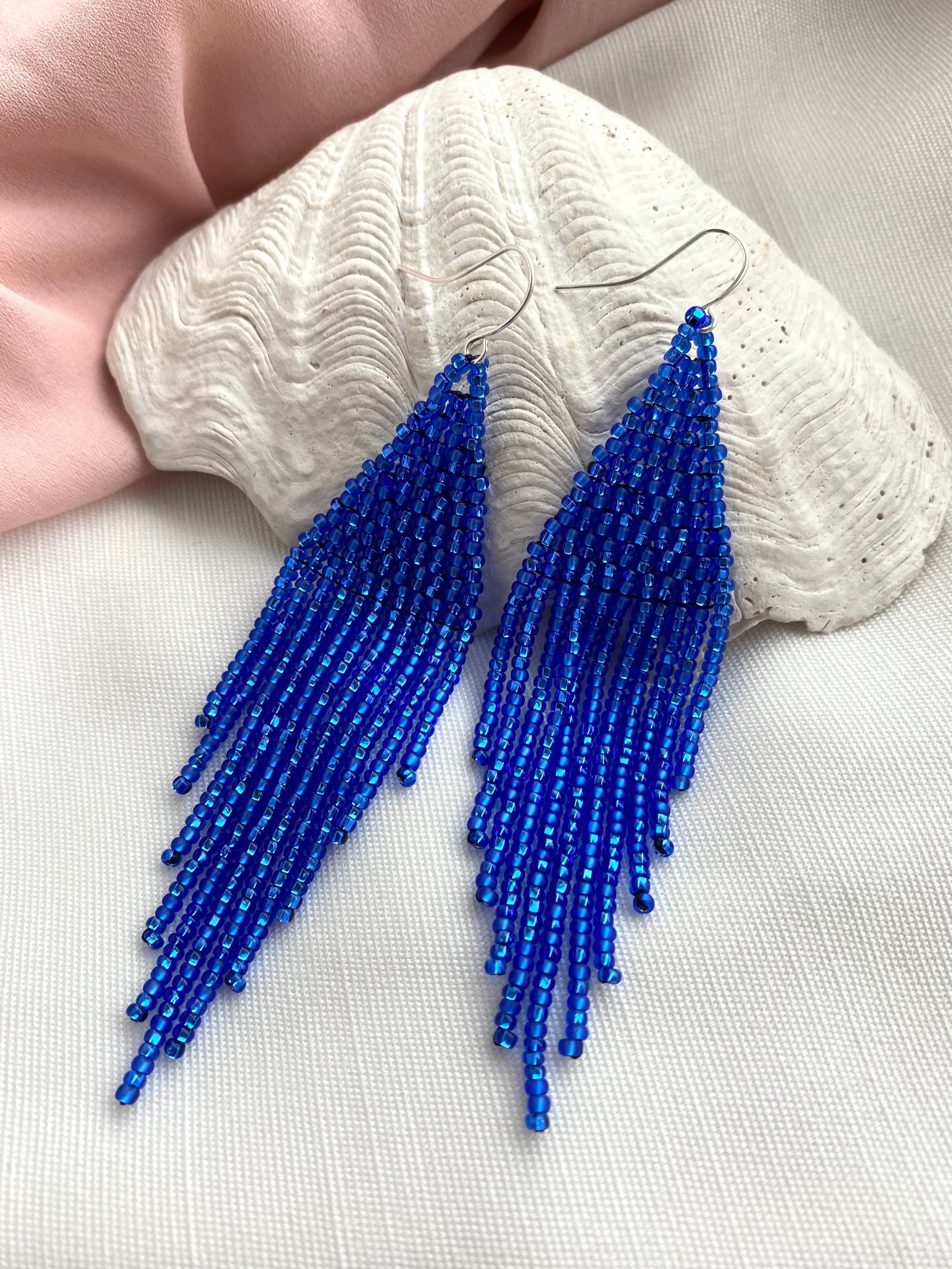 Blue Beaded Earrings Bright Seed Bead Earrings Chandelier | Etsy