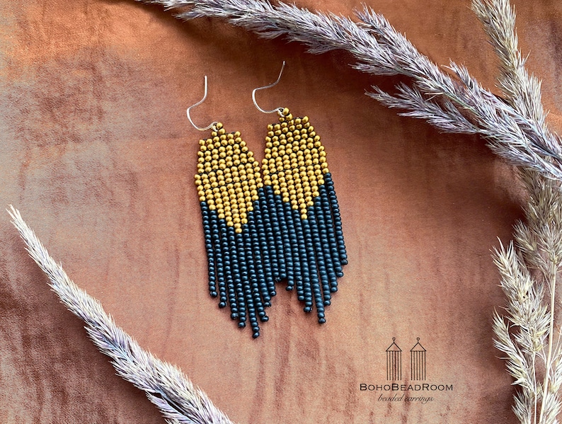 Elegant Earrings Bohemian Seed Bead Earrings Black Gold - Etsy