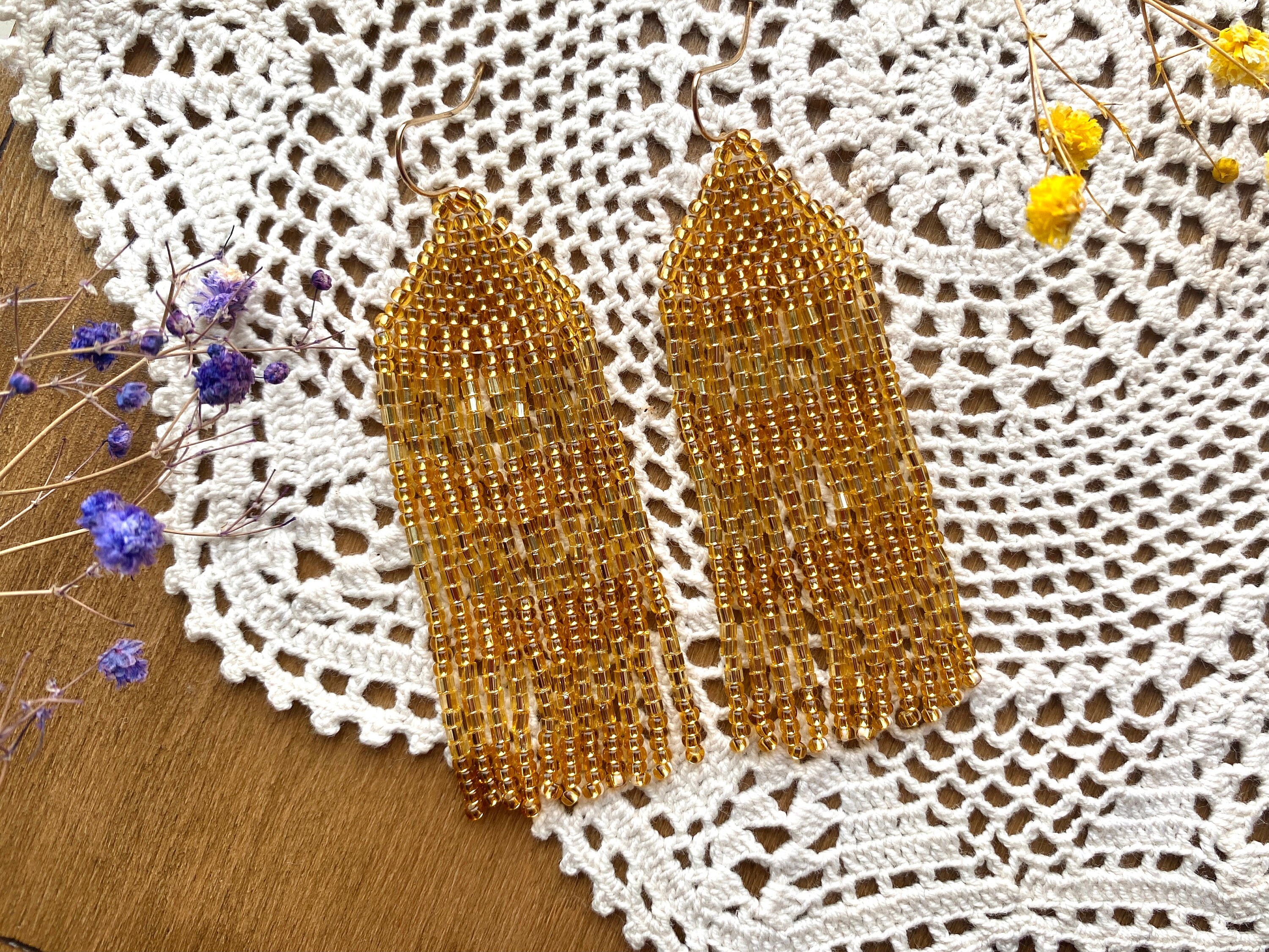 Gold Seed Bead Earrings Gold Beaded Earrings Fringe Bead - Etsy