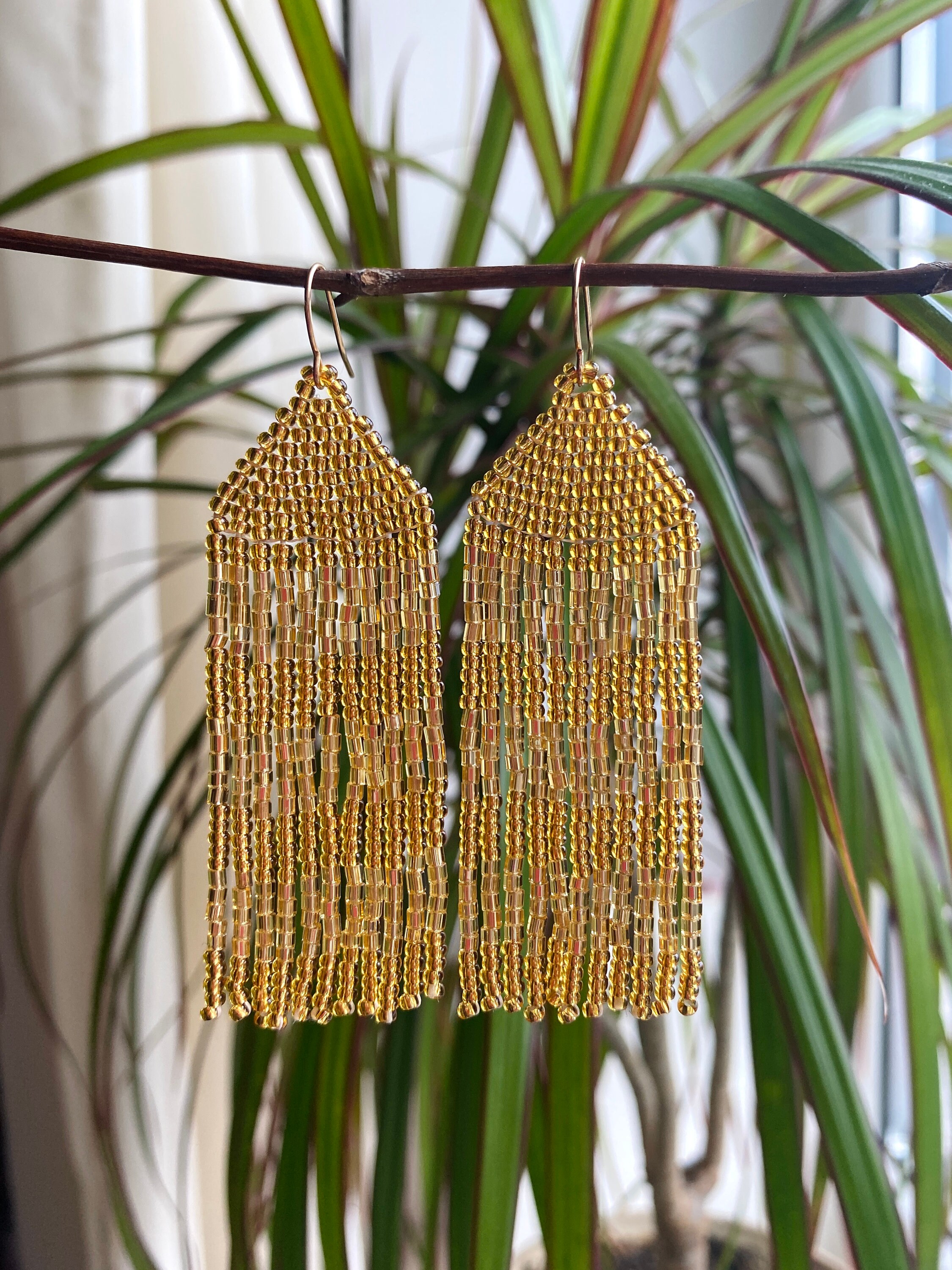 Gold Seed Bead Earrings Gold Beaded Earrings Fringe Bead - Etsy