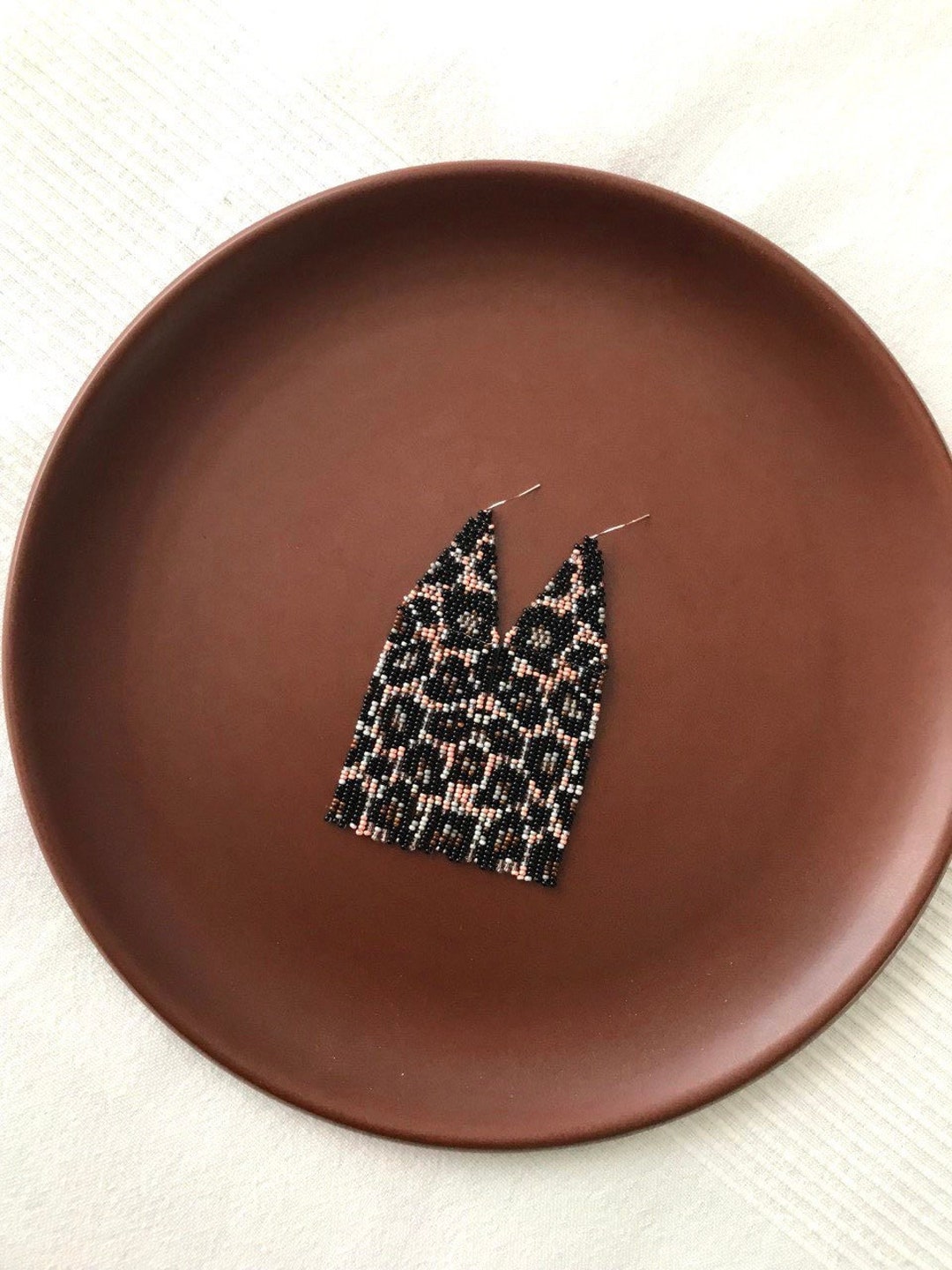 Leopard Beaded Earrings Cheetah Seed Bead Earrings Fringe Earrings ...