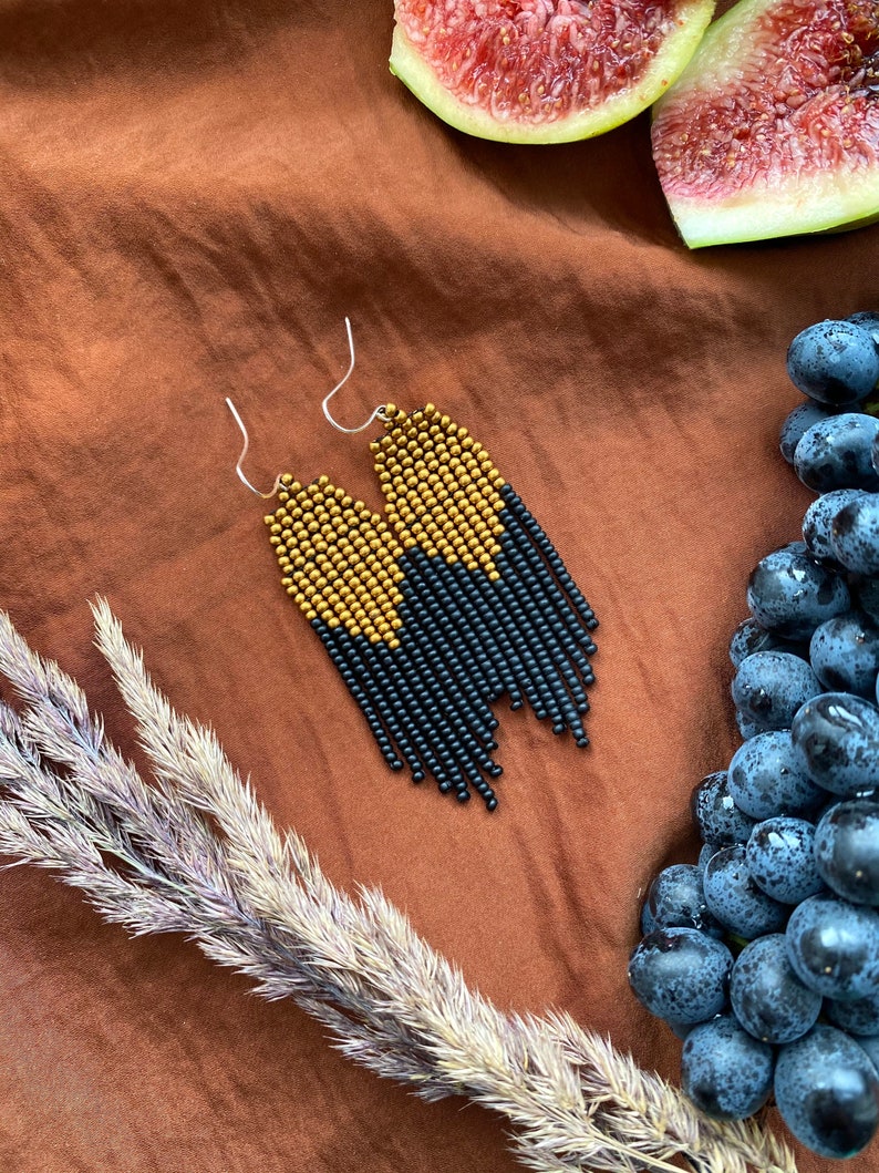Elegant Earrings Bohemian Seed Bead Earrings Black Gold - Etsy