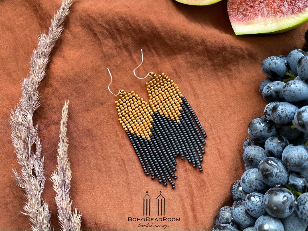 Elegant Earrings Bohemian Seed Bead Earrings Black Gold Earrings ...