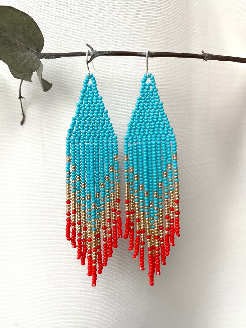Turquoise Earrings Bright Beaded Earrings Dangle Fringe - Etsy