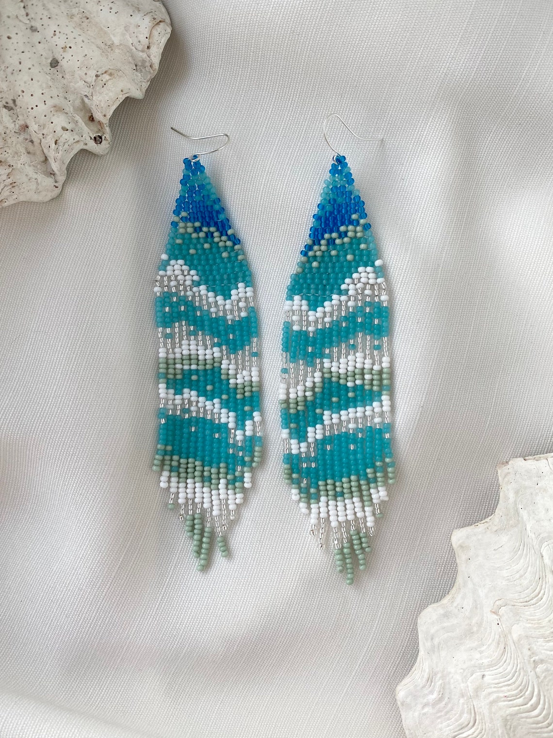 Ocean Wave Beaded Earrings Turquoise Seed Bead Earrings Long Blue ...