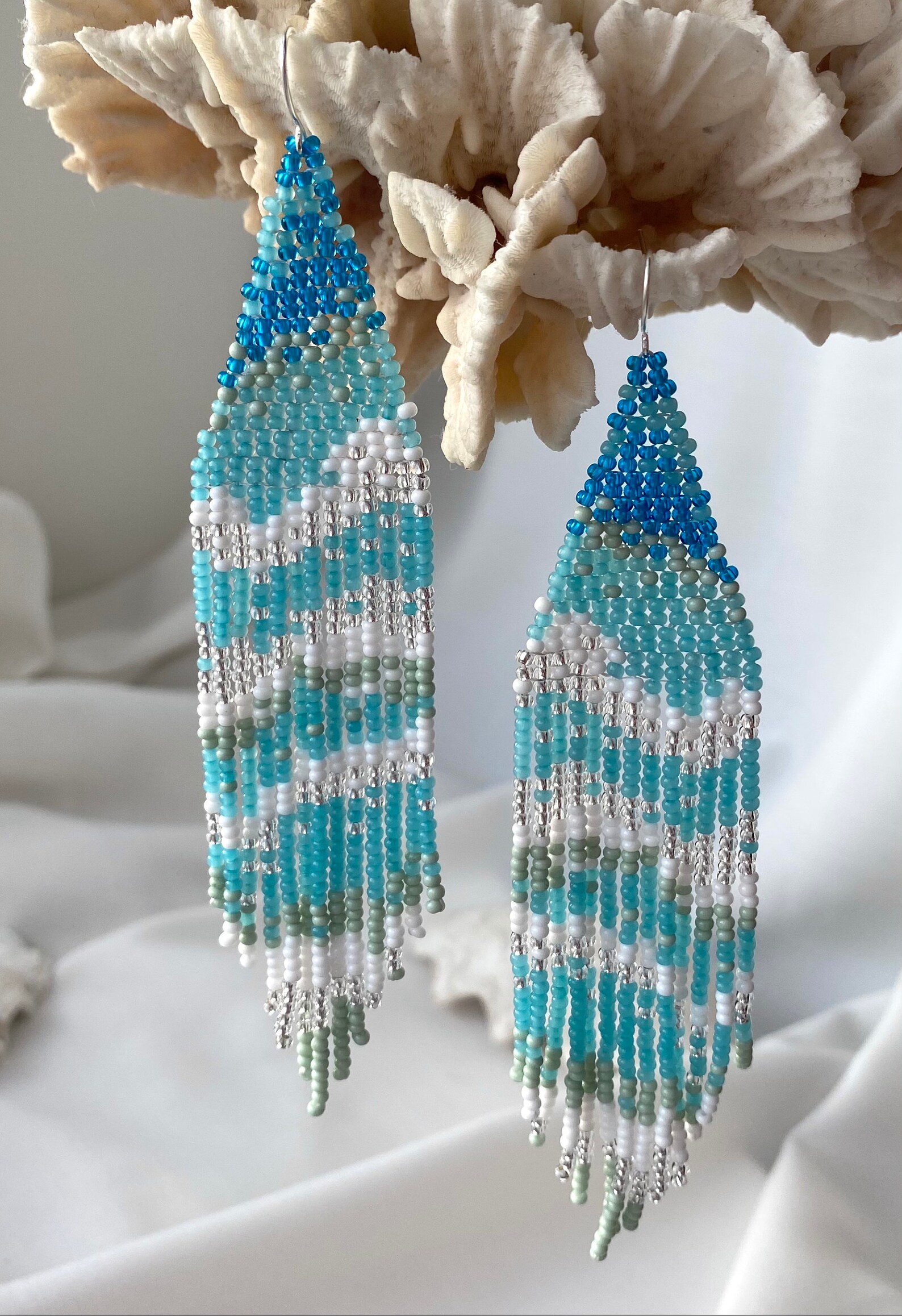 Ocean Wave Beaded Earrings Turquoise Seed Bead Earrings Long - Etsy