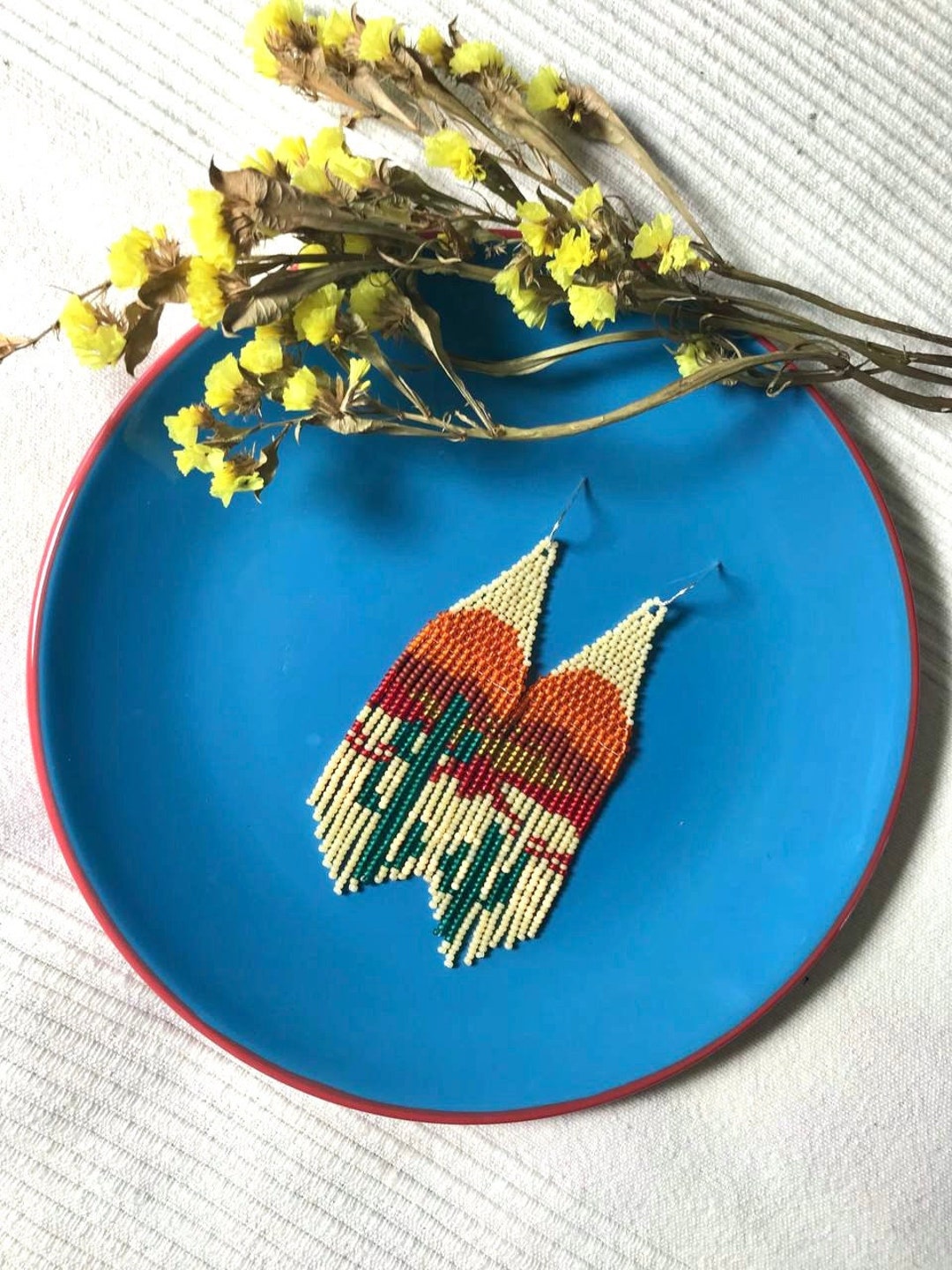 Sunset Beaded Earrings Fringe Beaded Earrings Cactus Beaded Earrings ...
