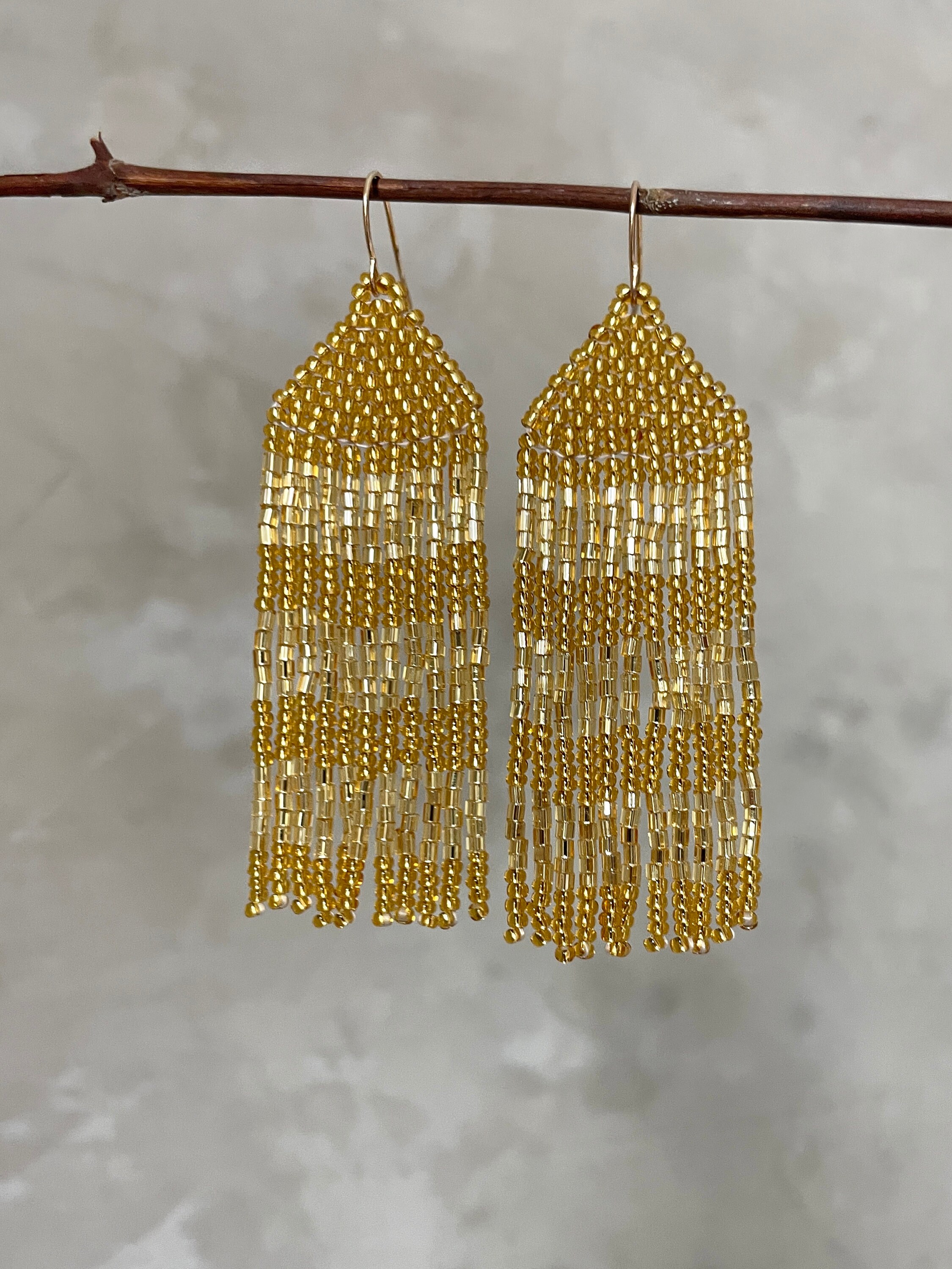 Gold Seed Bead Earrings Gold Beaded Earrings Fringe Bead - Etsy