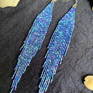 Blue Earrings Fringe Seed Bead Earrings Long Beaded Earrings Long Blue ...