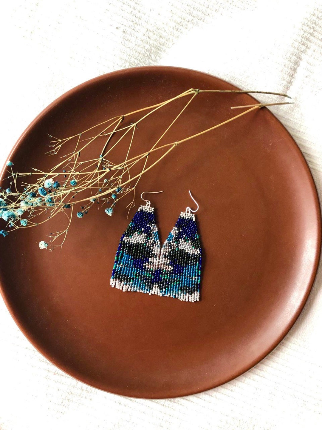 Planet Beaded Earrings Blue Abstract Seed Bead Earrings Space Etsy