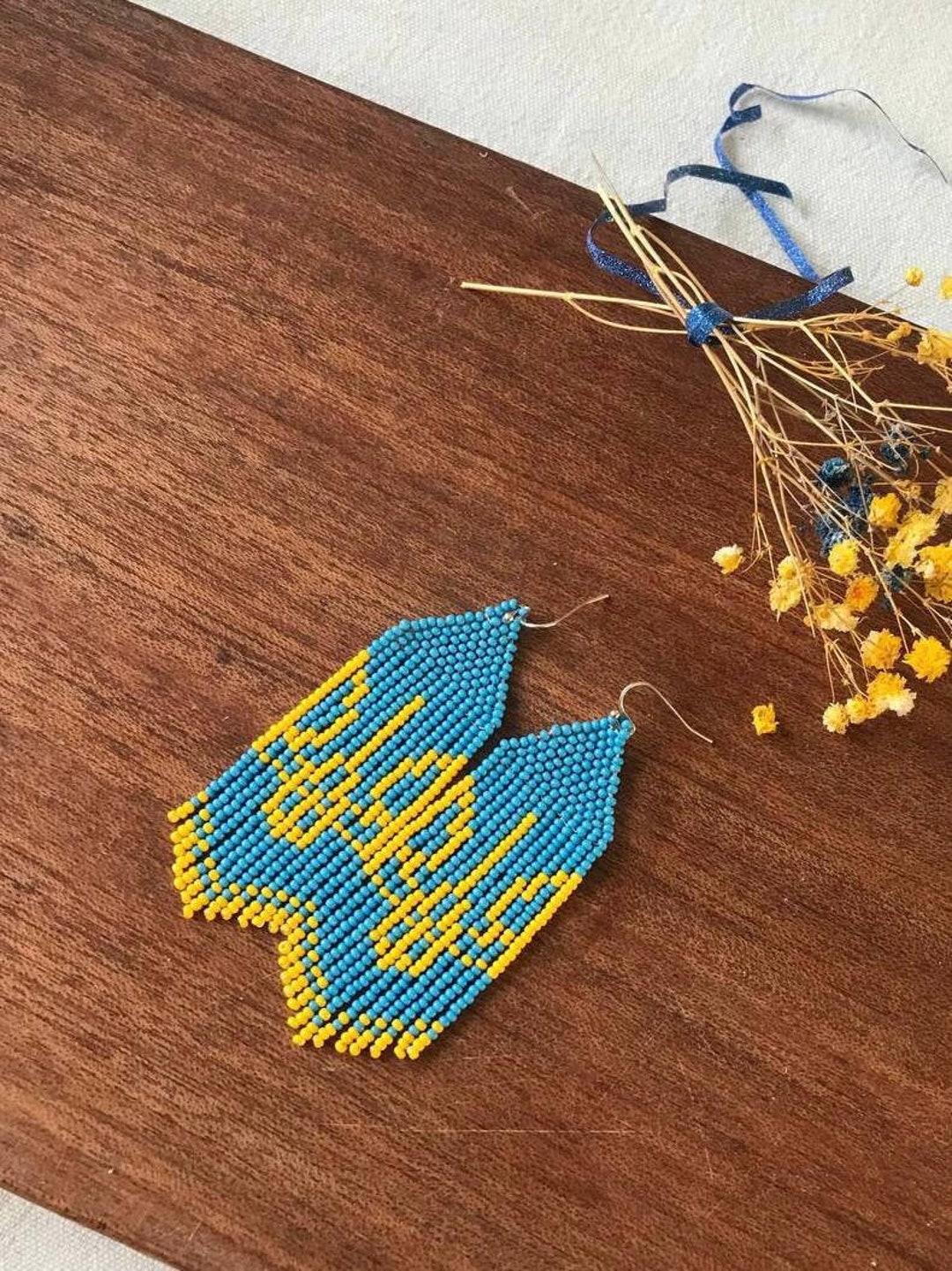 Ukrainian Beaded Earrings Ukrainian Trident Blue Yellow Fringe Seed ...
