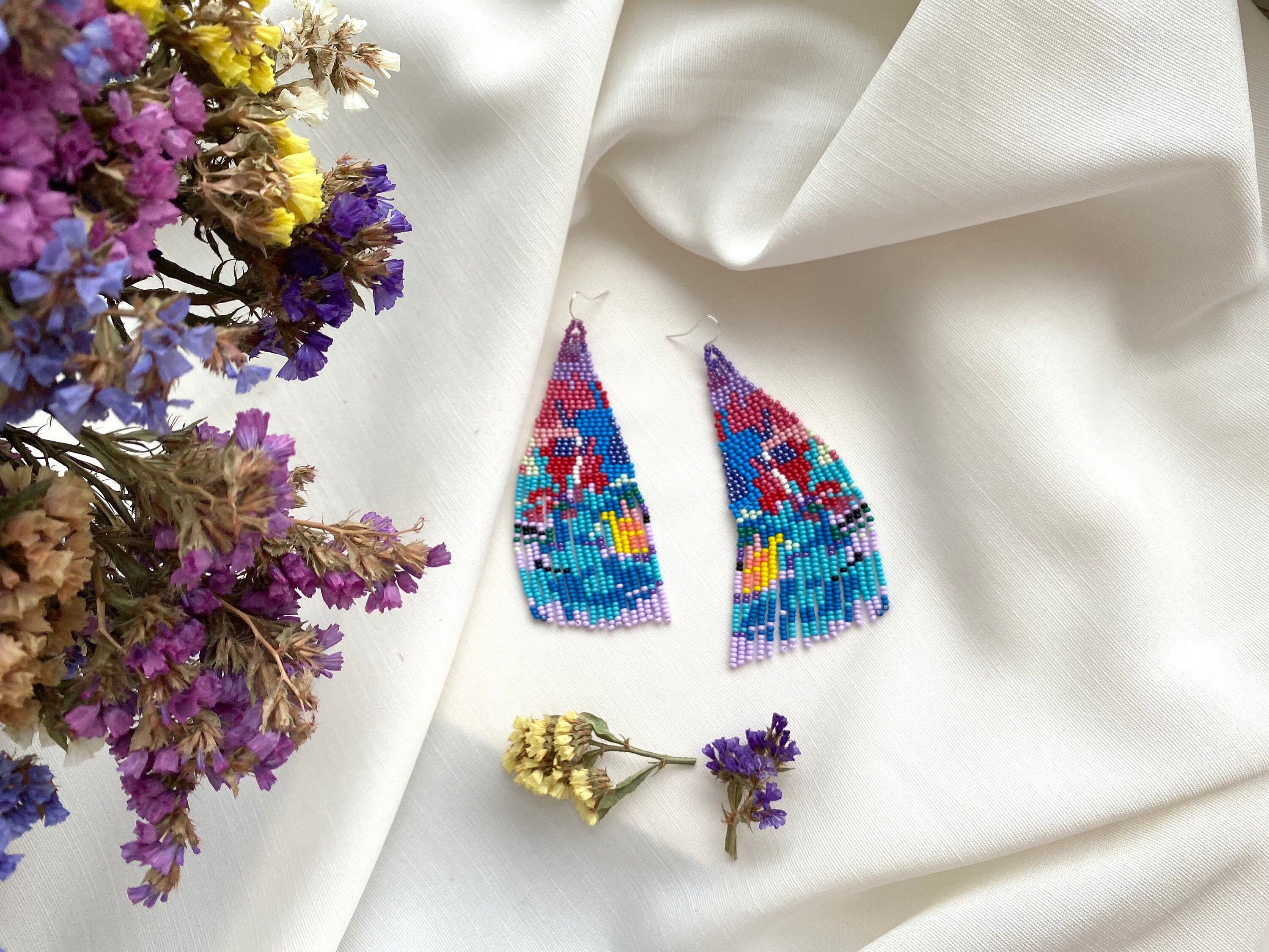 Multicolor Earrings Floral Earrings Dangle Fringe Earrings Flower ...