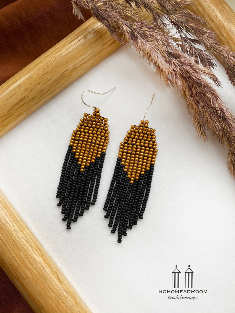 Elegant Earrings Bohemian Seed Bead Earrings Black Gold - Etsy