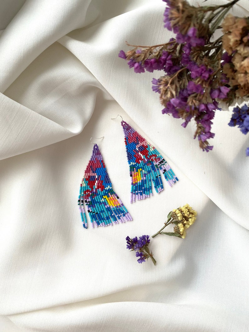 Multicolor Earrings Floral Earrings Dangle Fringe Earrings Flower ...