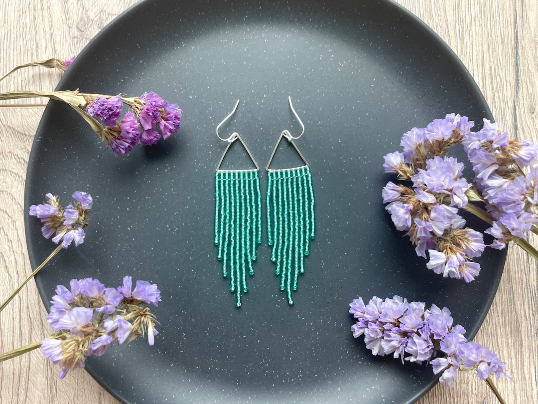 Shiny Turquoise Beaded Earrings Bright Seed Bead Earrings Fringe Bead ...