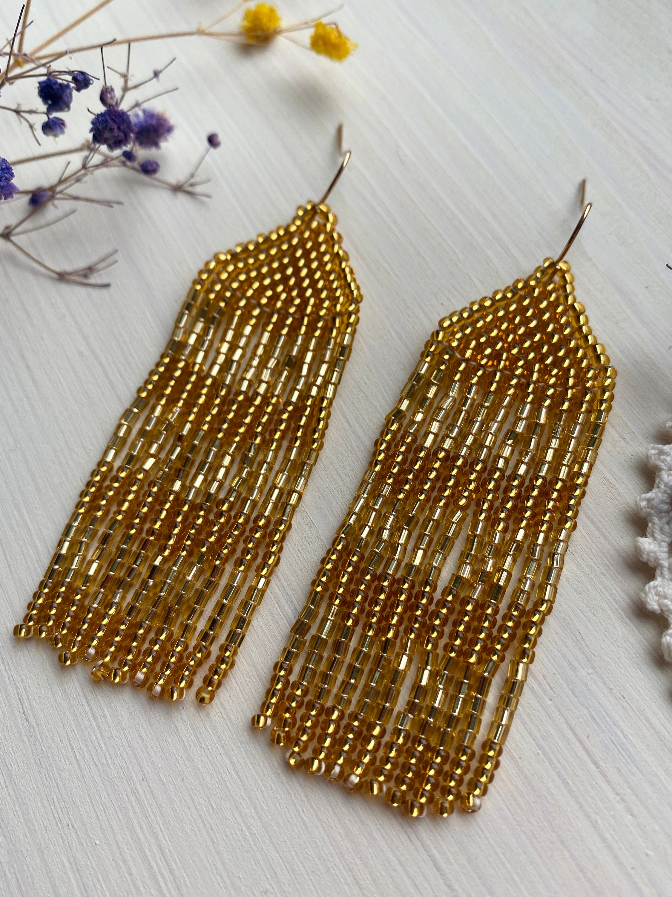 Gold Seed Bead Earrings Gold Beaded Earrings Fringe Bead - Etsy