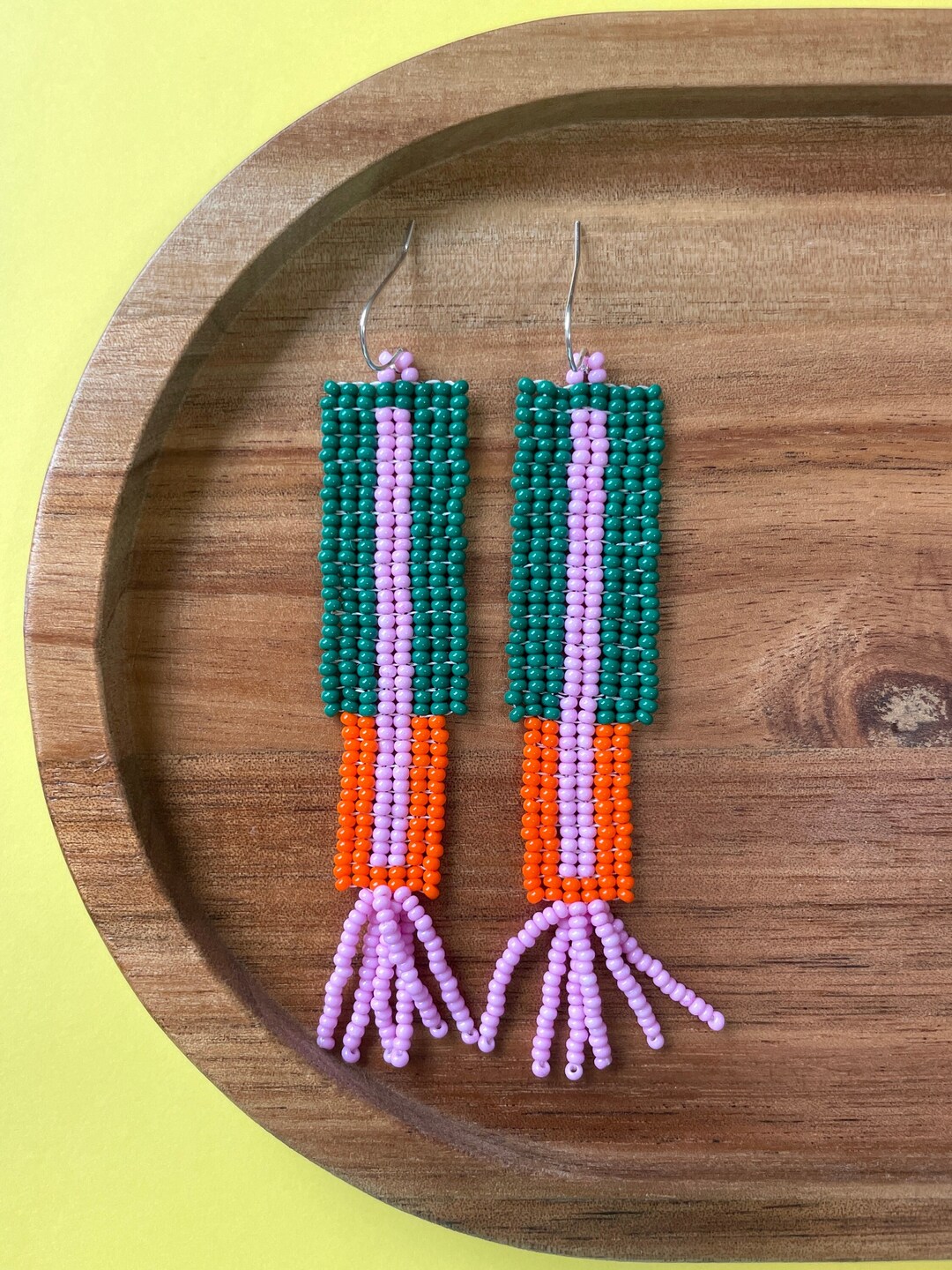 Fluffy Stick Bead Earrings Seed Bead Earrings Green Pink Orange Bead ...