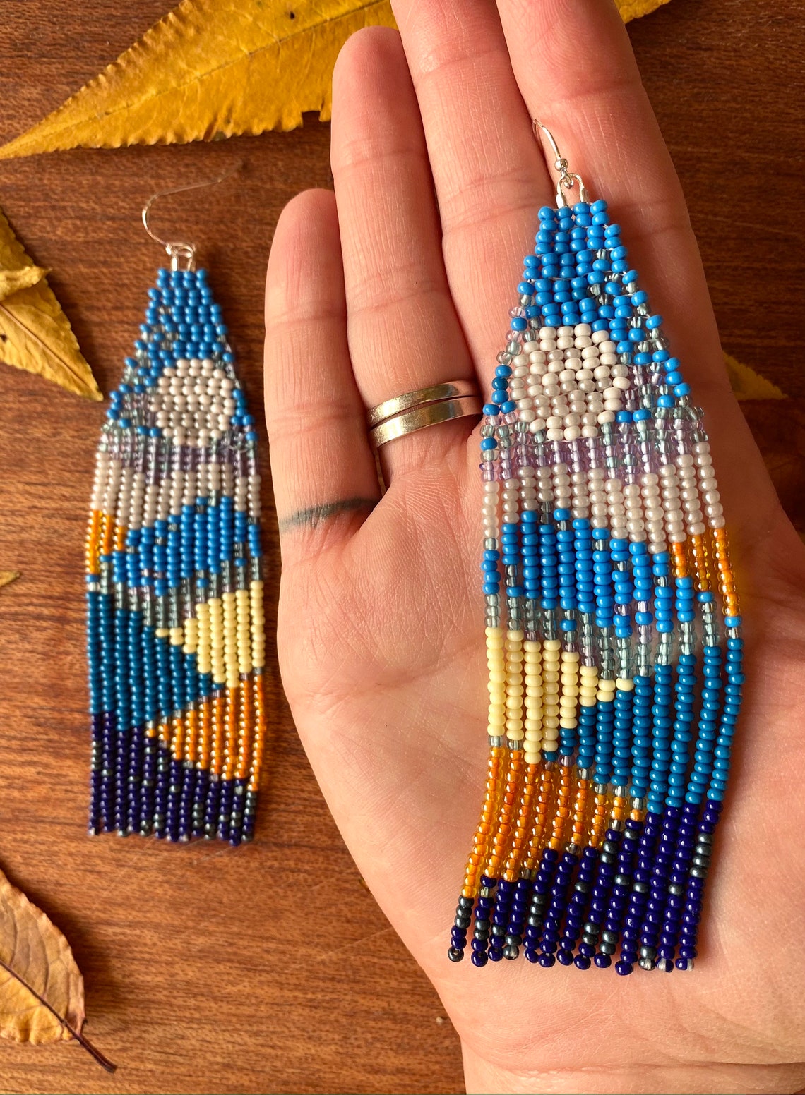 Mountains Beaded Earrings Landscape Seed Bead Earrings Blue Fringe ...