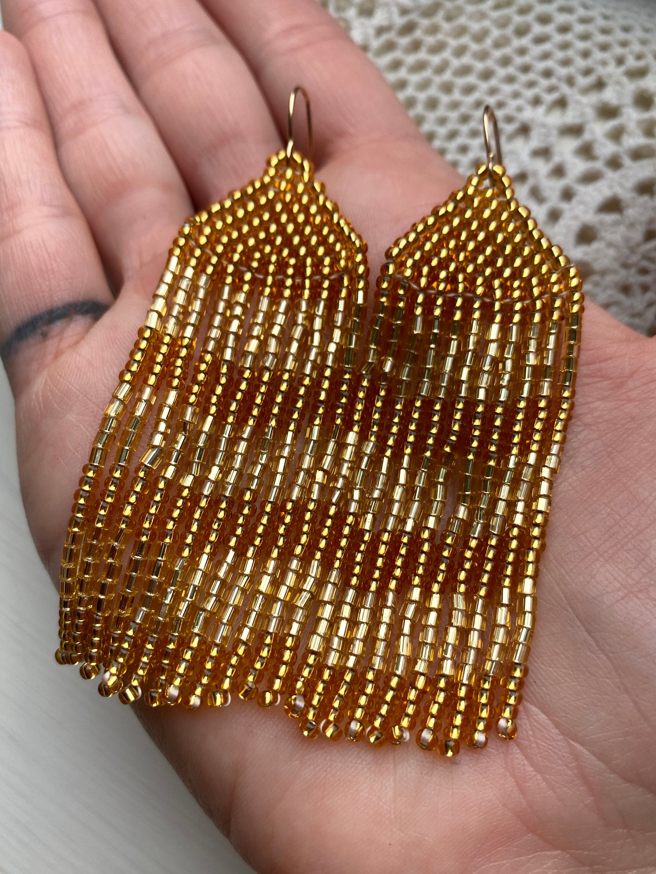 Gold Seed Bead Earrings Gold Beaded Earrings Fringe Bead - Etsy
