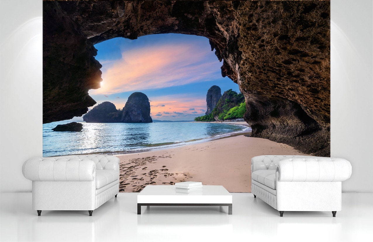 Cave Mural Grotto Beach Wallpaper Ocean Wall Art Nature Print Removable ...