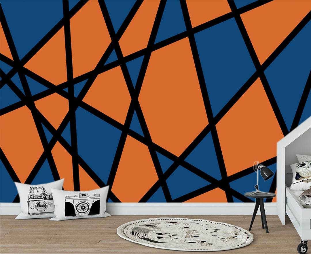 Blue Orange Geometric Figure Wallpaper Colorful Print Abstract Wall Art ...