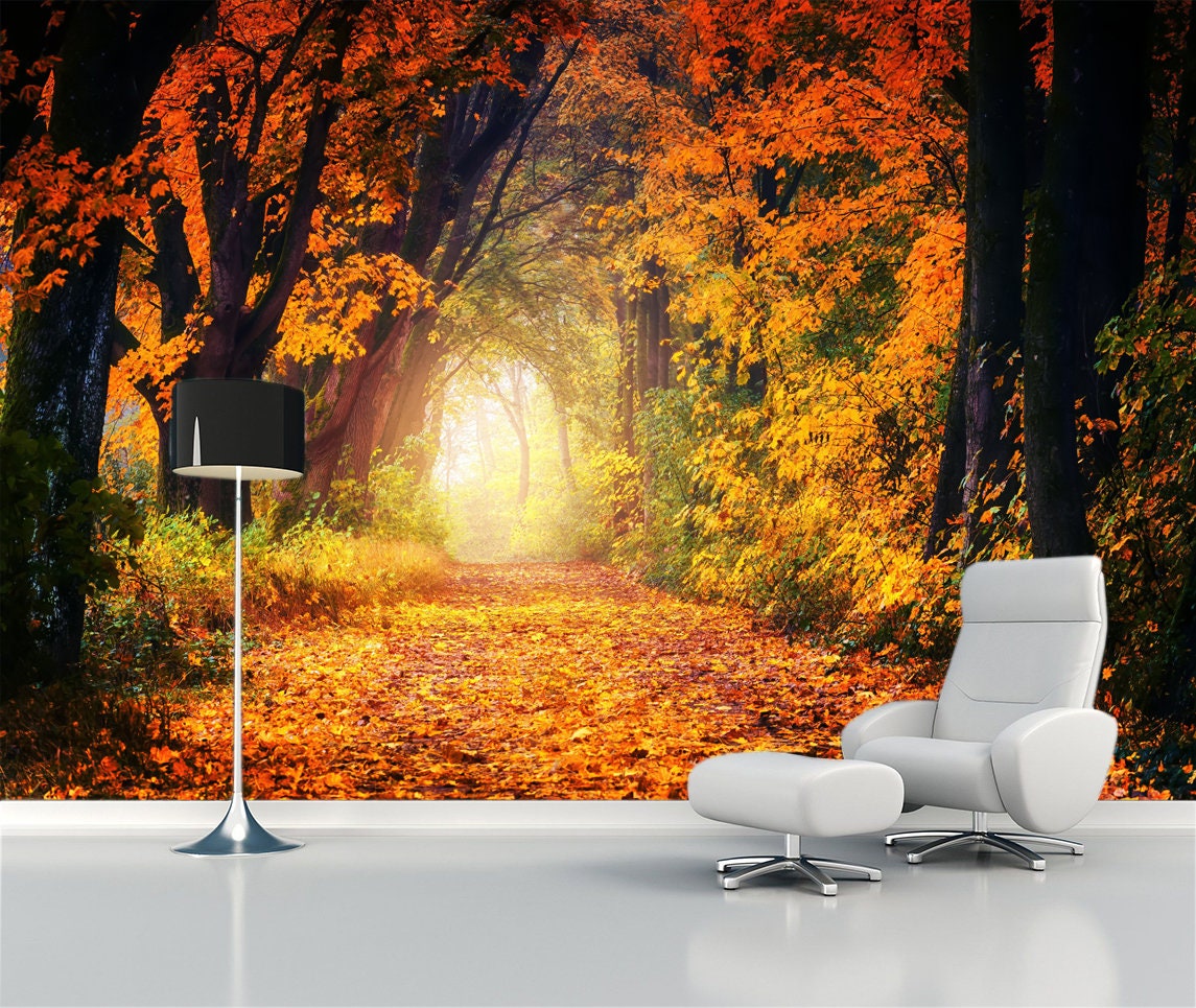 Forest Wallpaper Yellow Leaves Print Landscape Autumn Decal Wall Art ...