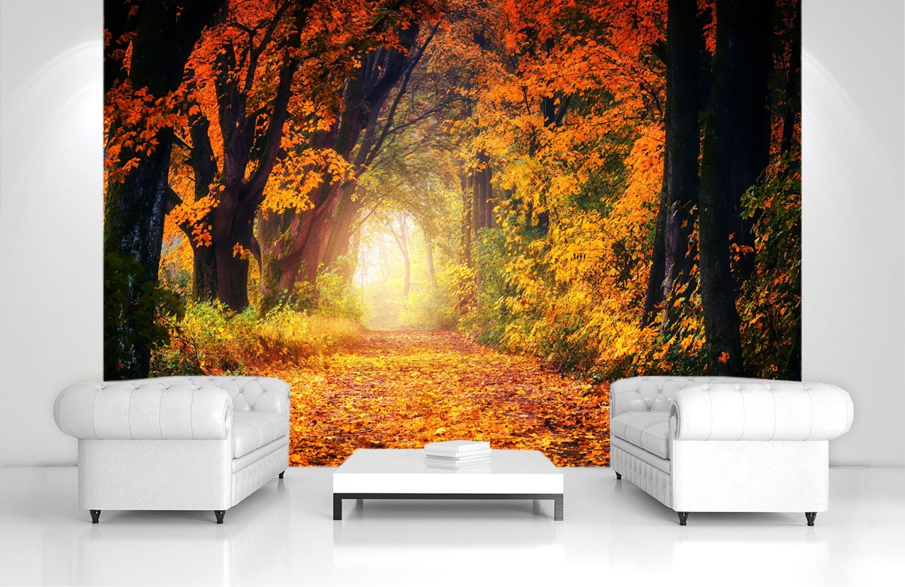 Forest Wallpaper Yellow Leaves Print Landscape Autumn Decal Wall Art ...