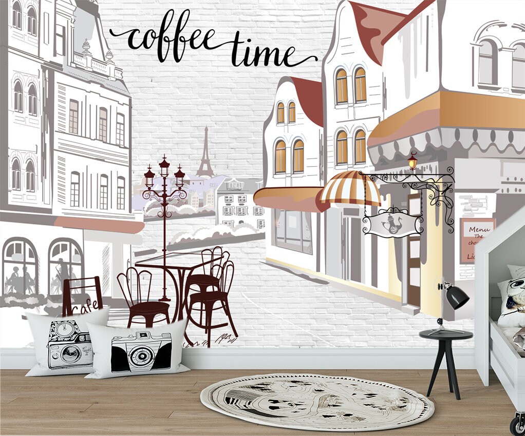 3D Coffee Time Wallpaper Cafe Wall Mural Sketch Design Coffee Shop ...