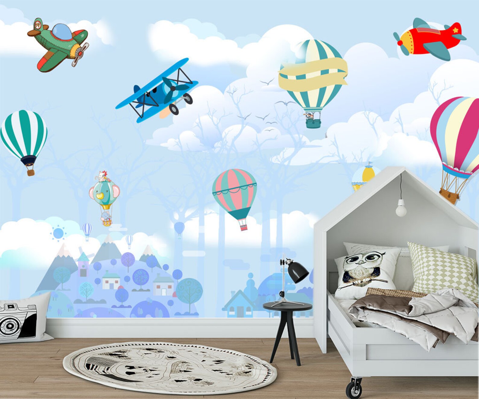 Balloons Mural Flying Air Balloons Kids Rooms Wallpaper Animal Nursery ...